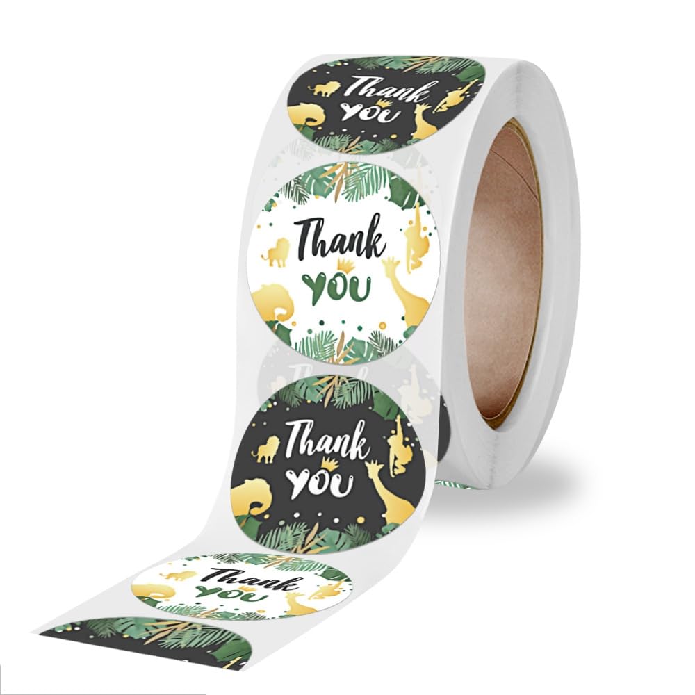 Thank You Baby Shower Sticker, Jungle Safari Thank You Stickers,Green Gold Wild Animals Birthday Party Label Sticher Decorations
