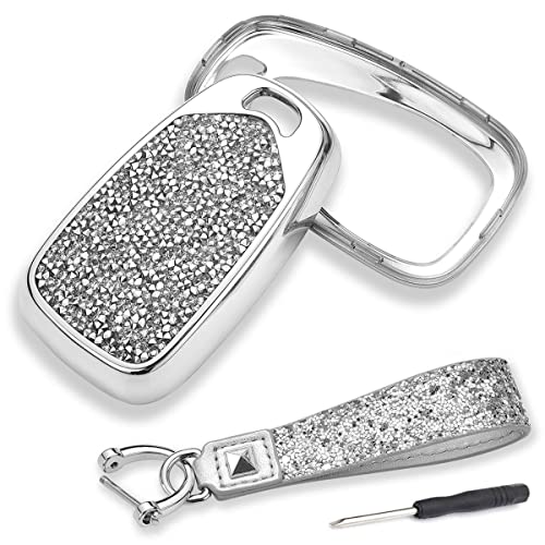 Royalfox 3 4 5 6 Buttons 3D Bling Diamond Rhinestones Smart Remote Key Fob Case Cover for 2016 2017 2018 2019 2020 2021 2022 Chevrolet Malibu Camaro Cruze Traverse Spark Sonic with Key Strap (Silver)