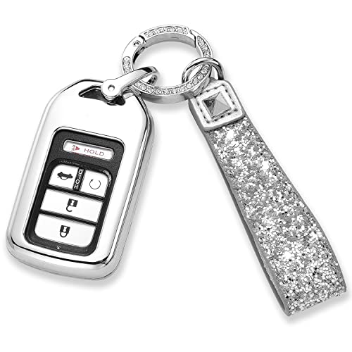 Royalfox upgrated 3 4 5 6 7 Buttons 3D Bling Diamond Crystals Smart Remote Key Fob case Cover for Honda Jade HR-V CR-V Accord Crider Vezel Civic Spirior Elysion Fit City Crosstour Keychain (Silver)