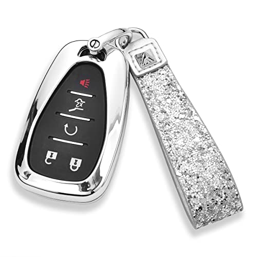 Royalfox 3 4 5 6 Buttons 3D Bling Diamond Rhinestones Smart Remote Key Fob Case Cover for 2016 2017 2018 2019 2020 2021 2022 Chevrolet Malibu Camaro Cruze Traverse Spark Sonic with Key Strap (Silver)