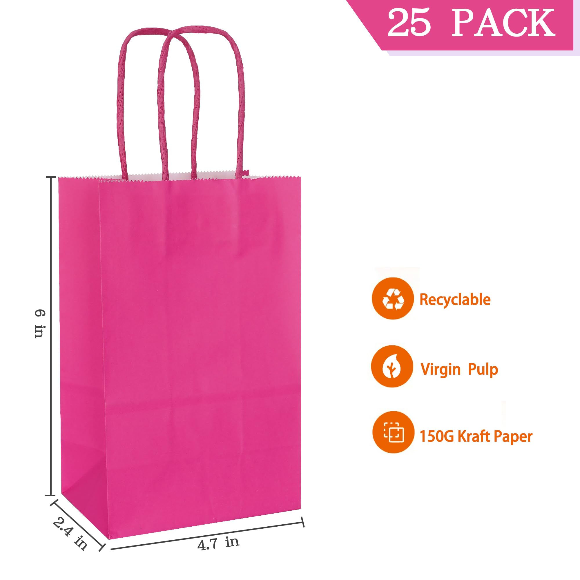 AZOWA Gift Bags Mini Kraft Paper Bags With Handles(Hot Pink, 25 Pcs)