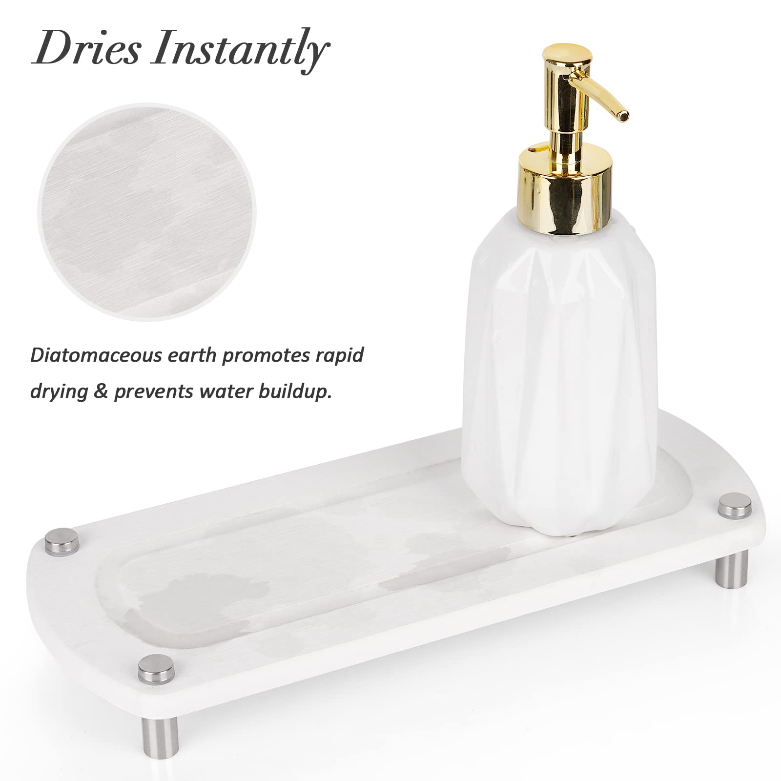 Ozzptuu Sink Caddy Instant Dry Kitchen Sink Organizer Sponge Holder for Kitchen Sink Diatomaceous Pedestal Stand Riser with Stainless Steel Feet Protection for Modern Home (White)