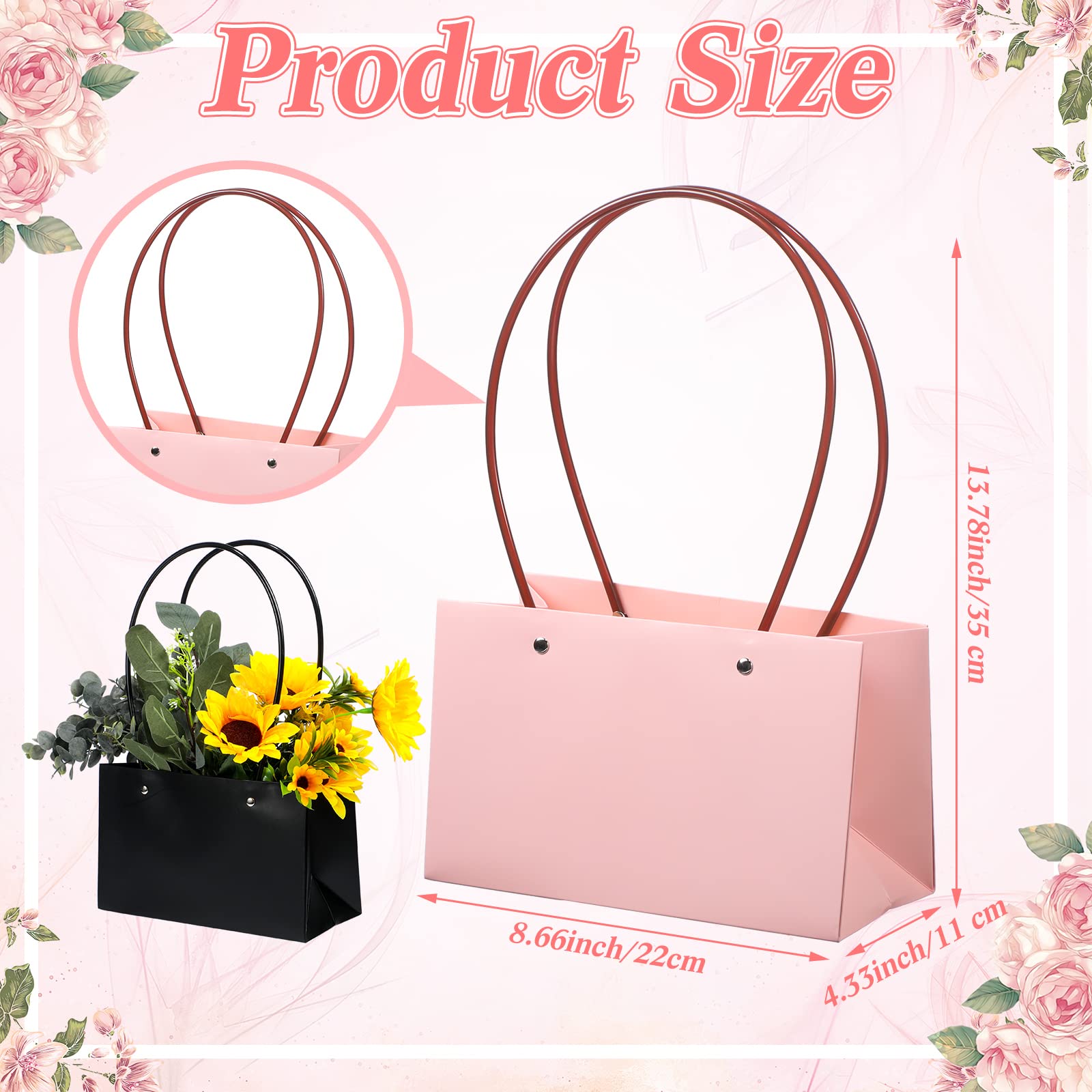 Teling 12 Pcs Kraft Paper Flower Gift Bags Bouquet Bags with Handle Waterproof Bouquet Gift Box Empty Bouquet Bags for Flowers Rectangle Packaging Wrap Bags for Mother's Day Graduation (Black, Pink)