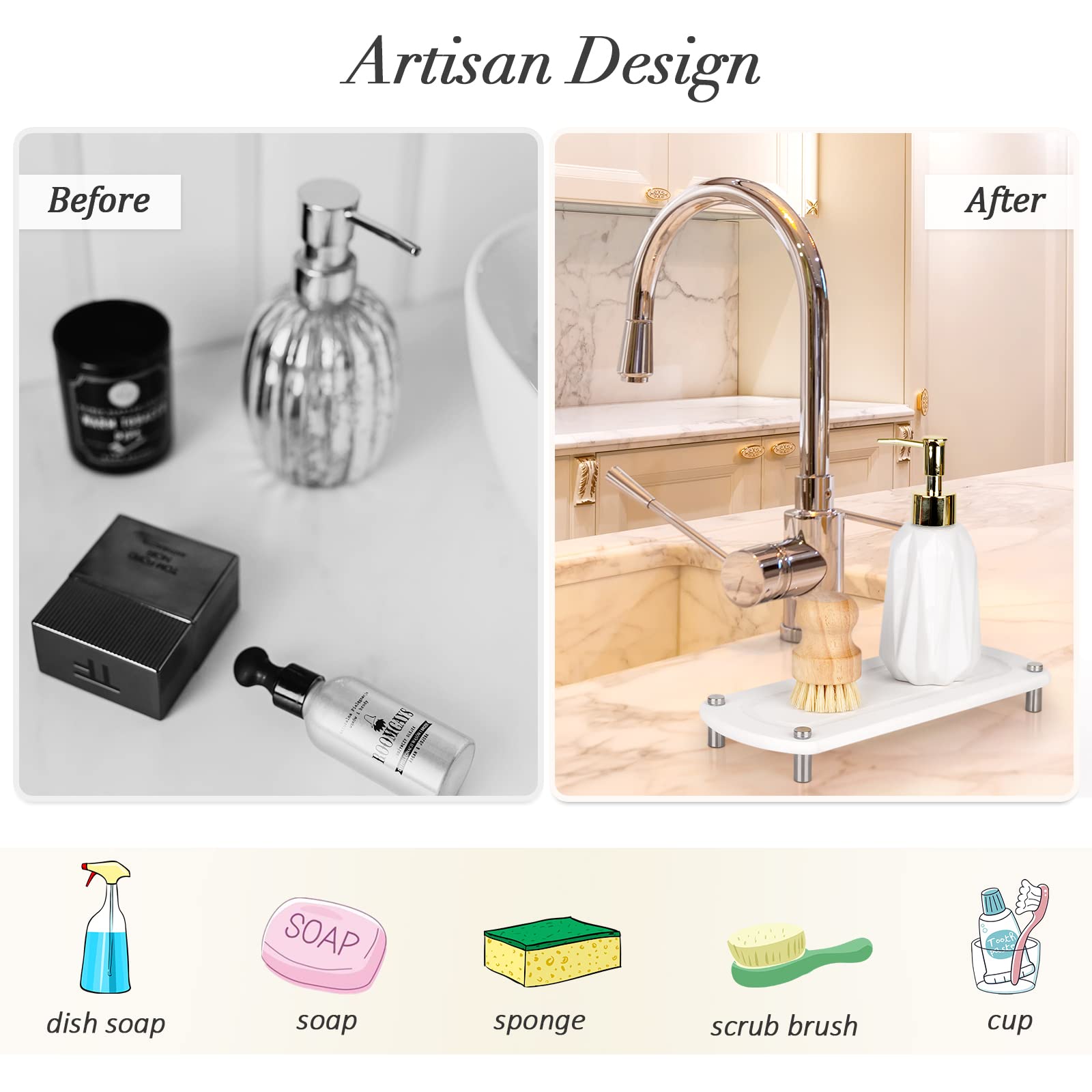 Ozzptuu Sink Caddy Instant Dry Kitchen Sink Organizer Sponge Holder for Kitchen Sink Diatomaceous Pedestal Stand Riser with Stainless Steel Feet Protection for Modern Home (White)
