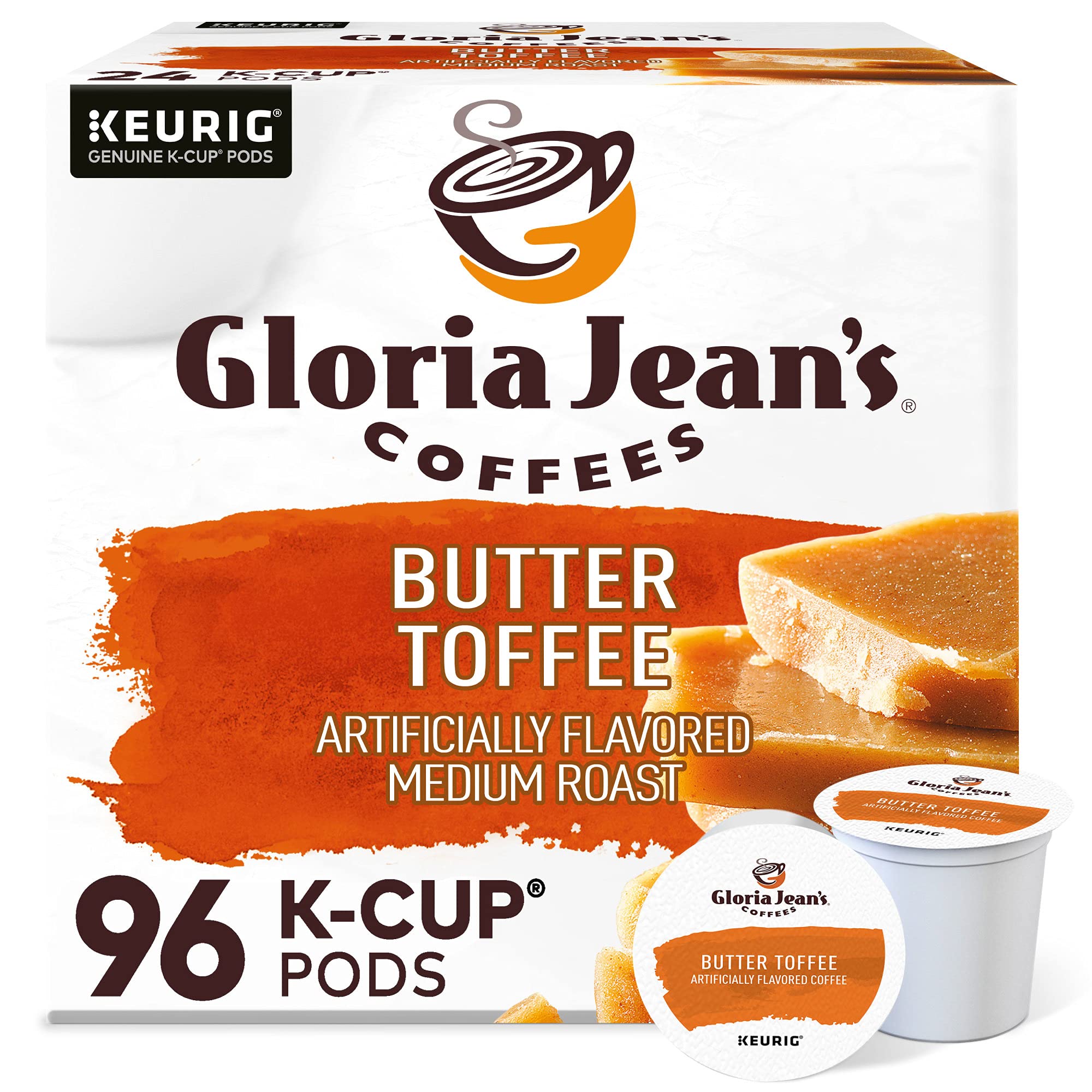 Gloria Jean's Coffees Butter Toffee, Single-Serve Keurig K-Cup Pods, Flavored Medium Roast Coffee, 96 Count, 24 Count (Pack of 4)