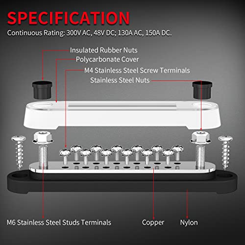 DaierTek 12V Power Distribution Block 2 x 1/4" (M6) Terminal Studs 12 x M4 (#8) Terminal Screws Battery Bus Bar Terminal Block Max 48V Positive & Negative Busbar for Automotive Car Boat