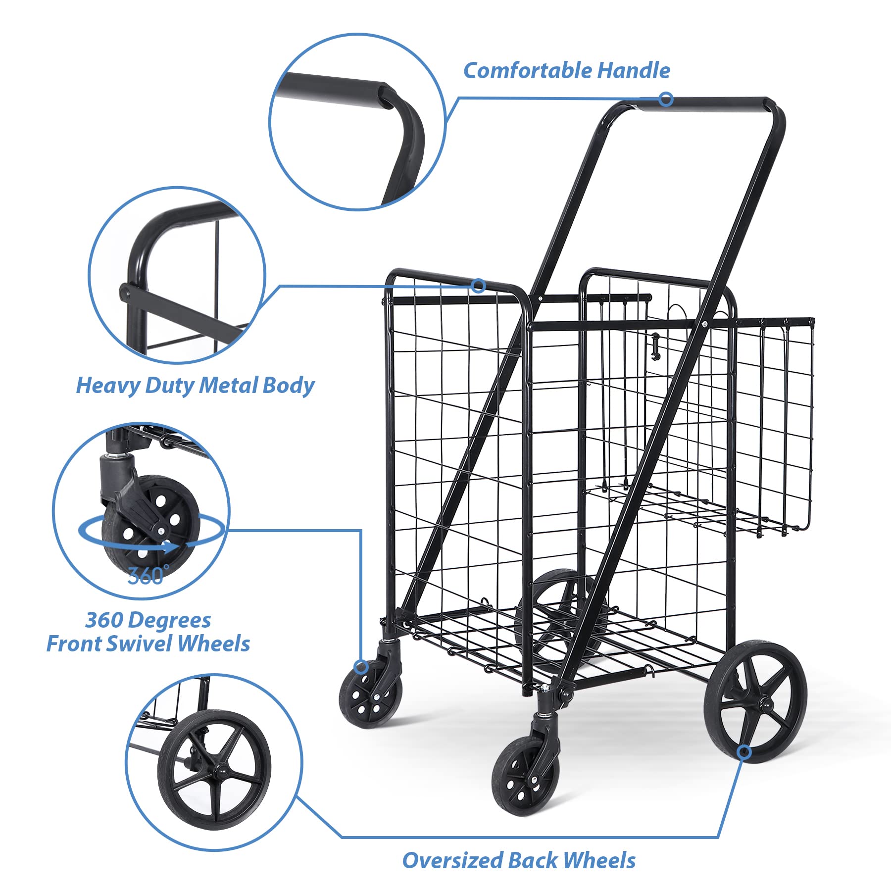 Smartxchoices Large Capacity Folding Shopping Cart with Swivel Wheels, Black, 66 Ibs