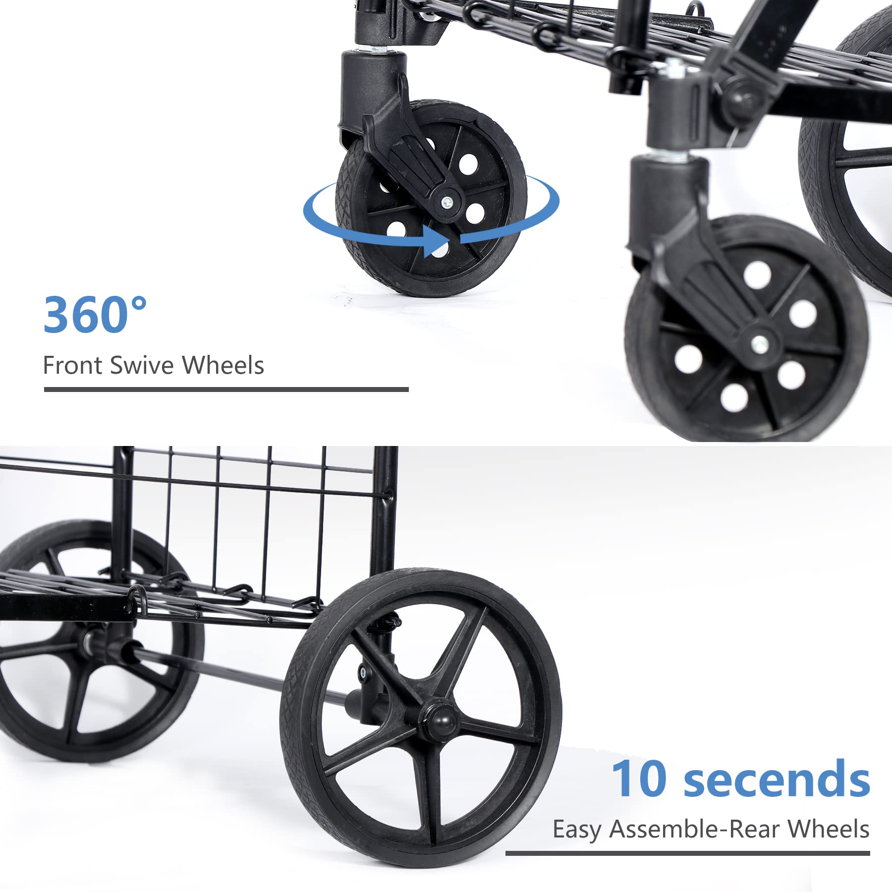 Smartxchoices Large Capacity Folding Shopping Cart with Swivel Wheels, Black, 66 Ibs