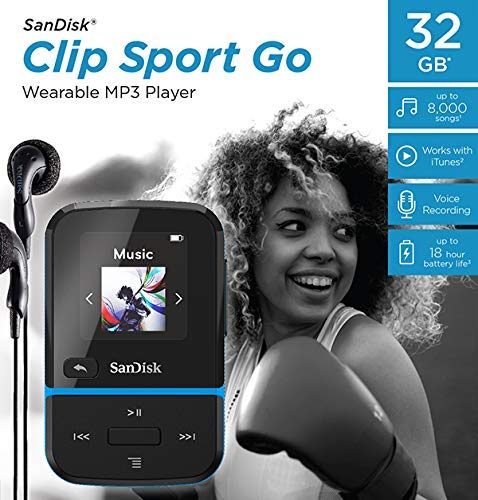 SanDisk 32GB Clip Sport Go MP3 Player, Blue - LED Screen and FM Radio - SDMX30-032G-G46B (Renewed)