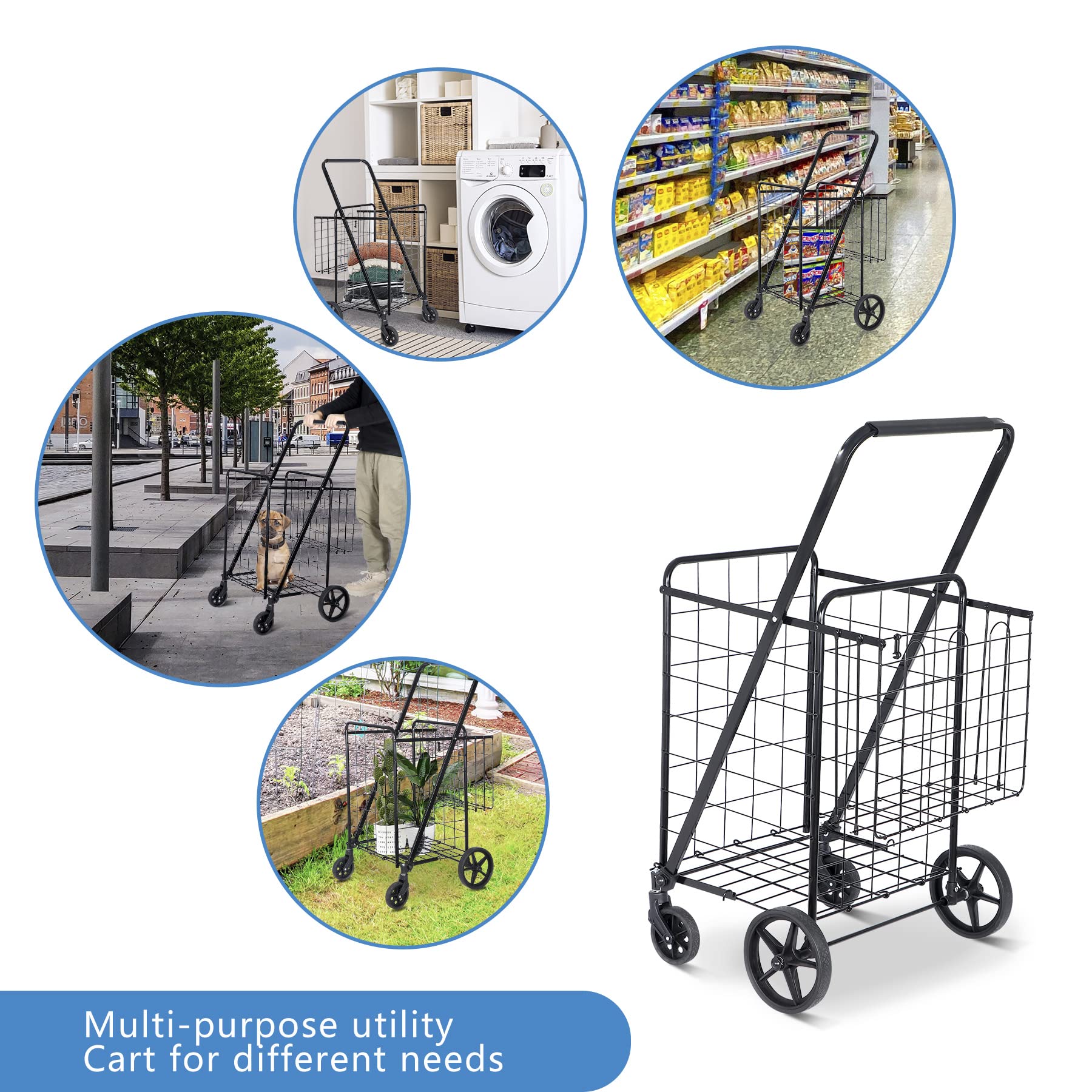 Smartxchoices Large Capacity Folding Shopping Cart with Swivel Wheels, Black, 66 Ibs