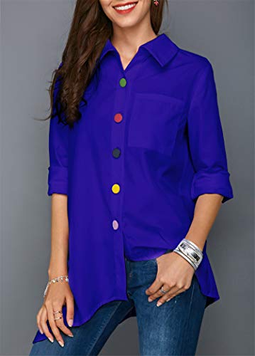 Andongnywell Womens Roll up Sleeve Irregular Hem Button Shirts Pullover Stretch Formal Casual Shirt Blouse (Blue,8,5X-Large)