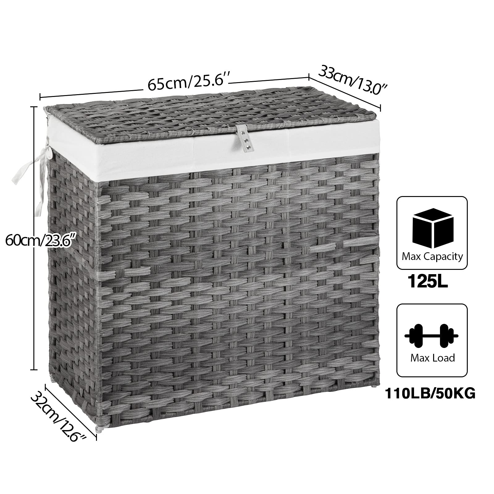Greenstell Laundry Hamper with Lid, 125L Large Clothes Hamper with 3 Section & 2 Section Removable Liner Bags & 5 Mesh Laundry Bags, Handwoven Synthetic Rattan Divided Laundry Basket, Gray