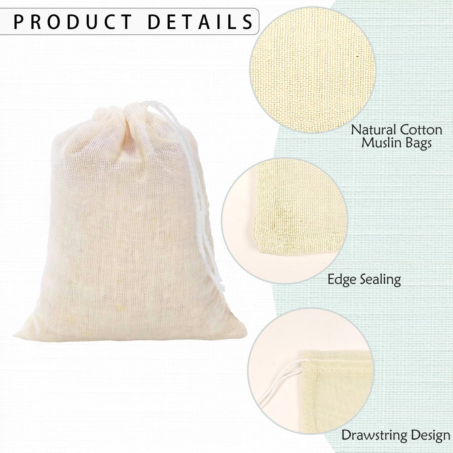 GEMLORD 50 Pcs 4 x 6 Inches Cotton Muslin Bags, Reusable Drawstring Bags for Tea, Cheesecloth Sachet Bags with Drawstring for Party, Home Storage and DIY Craft