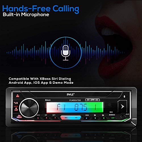Pyle Bluetooth Marine Receiver Stereo & Speaker Kit 300W Single DIN Boat Marine Head Unit l LCD, Mic, Hands-Free Calling, AUX, MP3/USB/SD, AM/FM Radio, Remote - PLMRK47BK (Black)