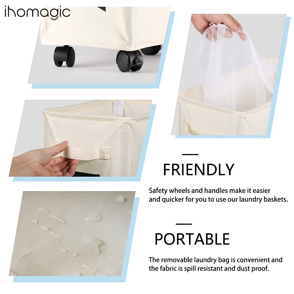 IHOMAGIC 62L Laundry Baskets on Wheels – Decorative Foldable Laundry Hamper with Removable Mesh Laundry Bags, Large Corner Storage Bins Handles for Storing Bedroom Clothes (Beige)