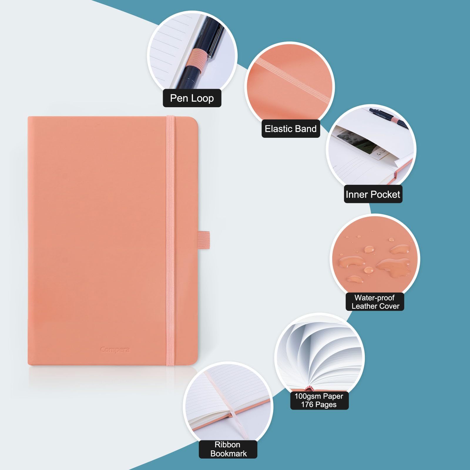 Compera Lined Journal Notebooks, 4 Pack, 176 Pages, 5.5 x 8.3, 100gsm Thick Paper, A5 Hardcover Notebooks with Pen Loop and Inner Pocket, for School Business Office College（Morandi colors）
