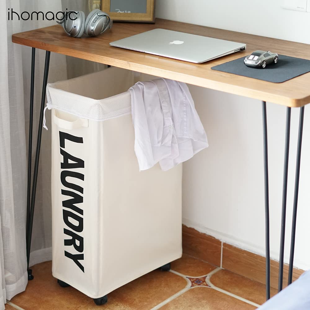 IHOMAGIC 62L Laundry Baskets on Wheels – Decorative Foldable Laundry Hamper with Removable Mesh Laundry Bags, Large Corner Storage Bins Handles for Storing Bedroom Clothes (Beige)