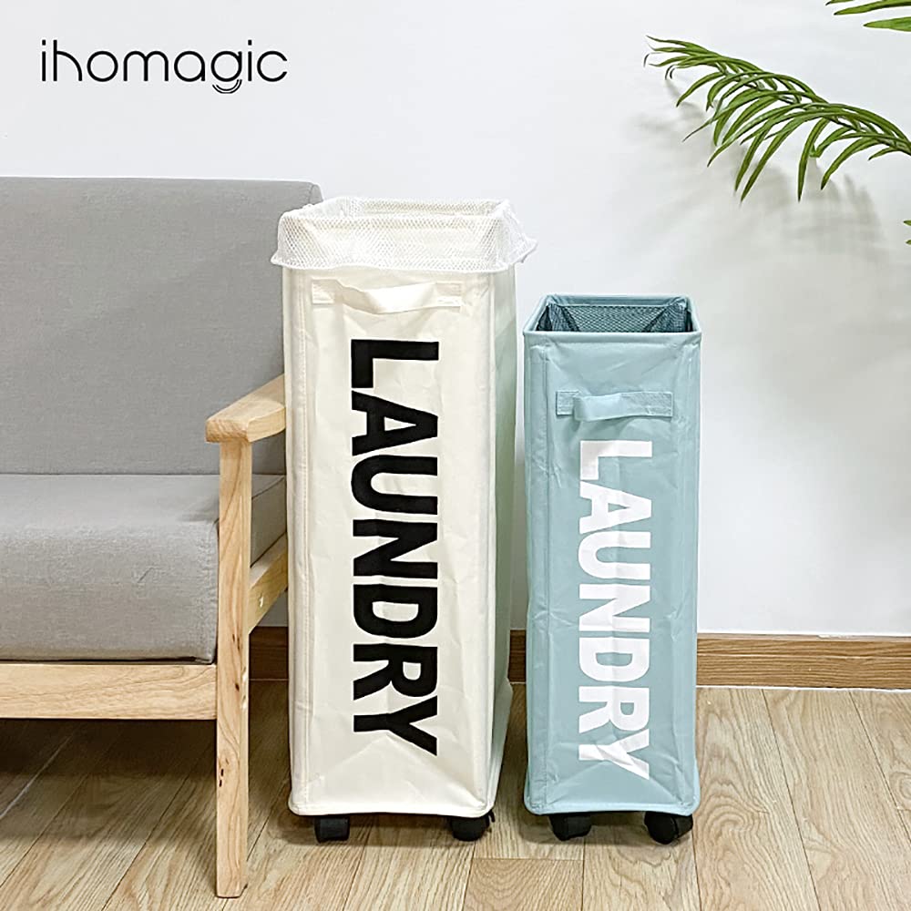 IHOMAGIC 62L Laundry Baskets on Wheels – Decorative Foldable Laundry Hamper with Removable Mesh Laundry Bags, Large Corner Storage Bins Handles for Storing Bedroom Clothes (Beige)