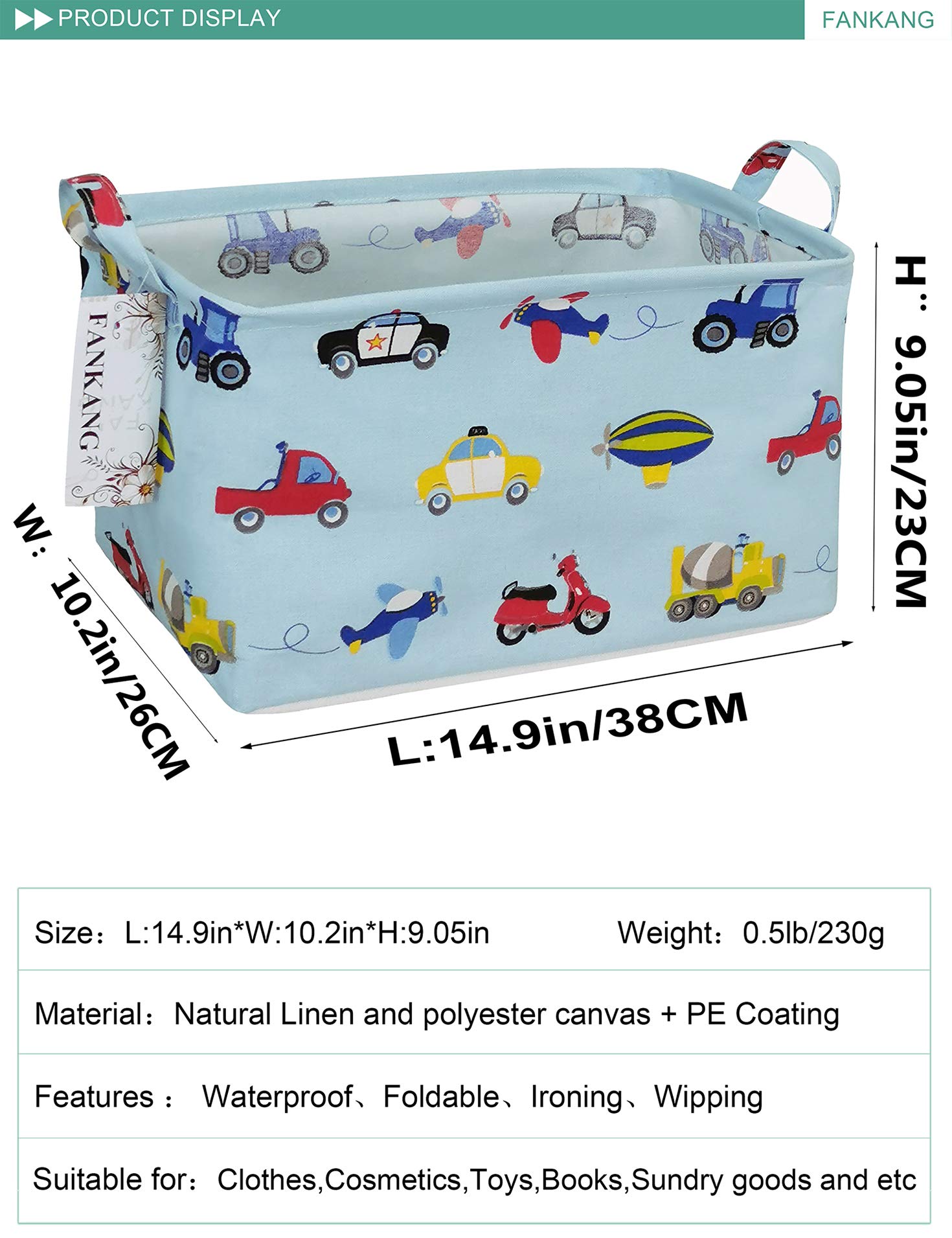FANKANG Storage Basket,Nursery Hamper Canvas Laundry Basket Foldable with Waterproof PE Coating Storage, Office, Bedroom, Clothes,Toys (Rec-Car)