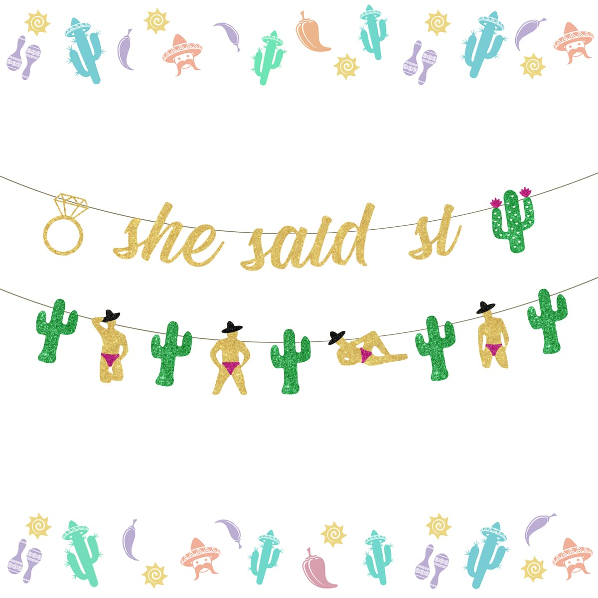 2PCS She Said Si Gold Glitter Banner, Glittery Mexican Fiesta Cactus Man Garland for Mexican Fiesta Theme Bachelorette Party Fiesta Bridal Shower Decorations Supplies