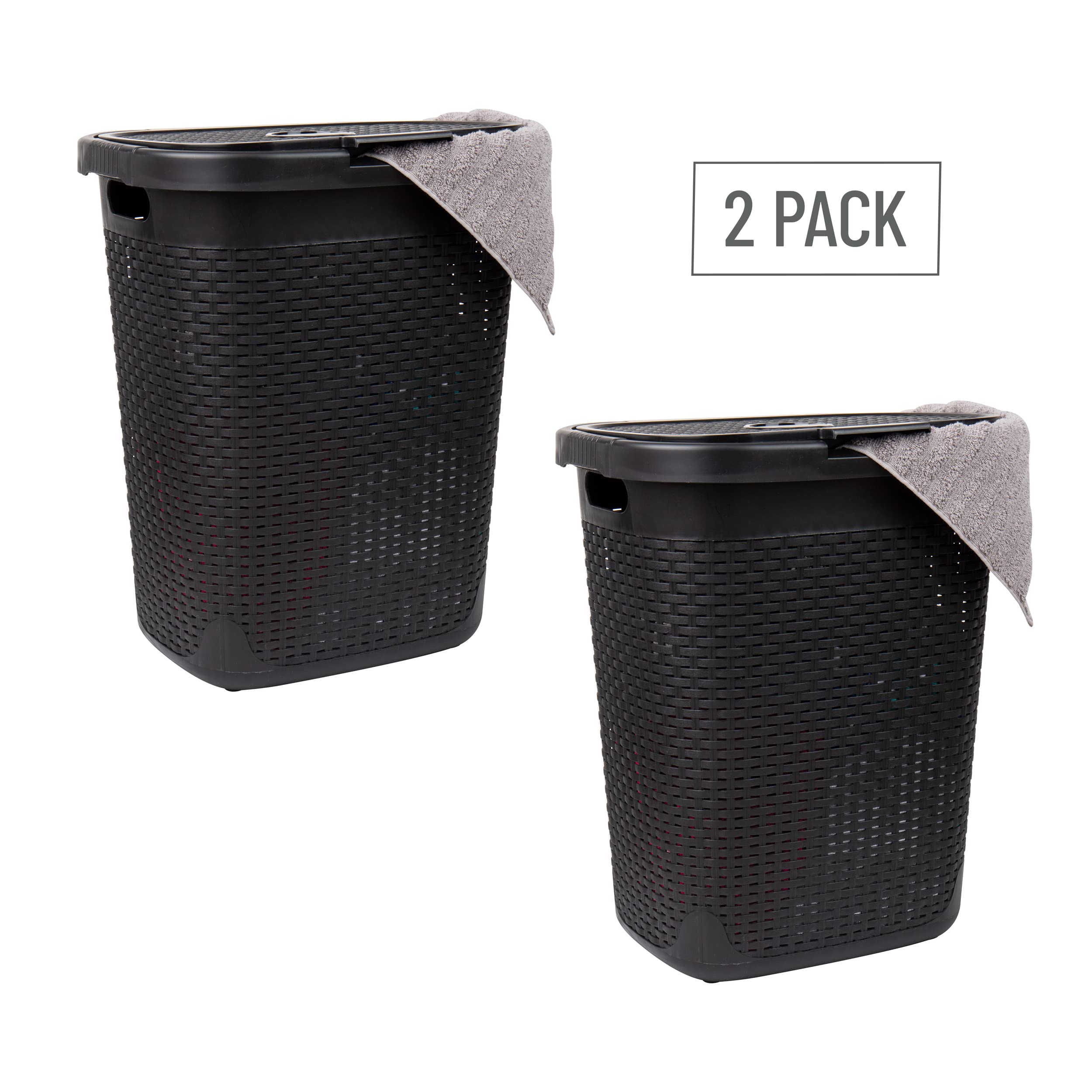 Mind Reader 50L Slim Laundry Hamper, Set of 2, Clothes Basket, Lid, Wicker Design, Plastic, 17.65"L x 13.75"W x 21"H, Black