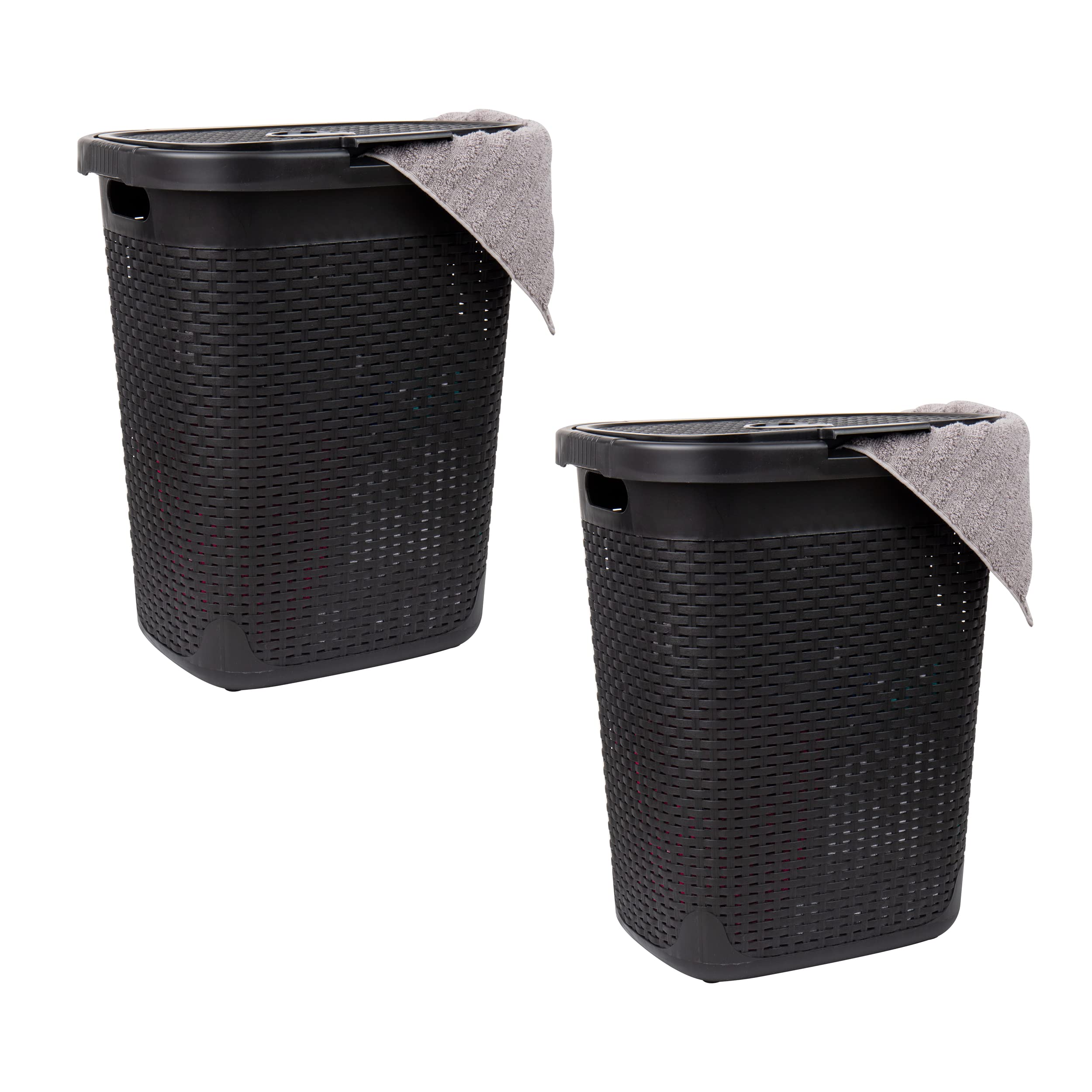 Mind Reader 50L Slim Laundry Hamper, Set of 2, Clothes Basket, Lid, Wicker Design, Plastic, 17.65"L x 13.75"W x 21"H, Black