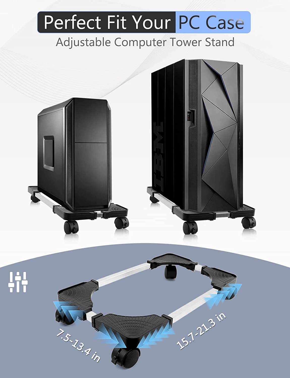 Seloom Computer Tower Stand, Desktop Stand, Adjustable Mobile CPU Stand with Rolling Caster wheels, PC Tower Stand Holder for Floor Carpet Gaming PC Case, Fits Home Office Under Desk, Black