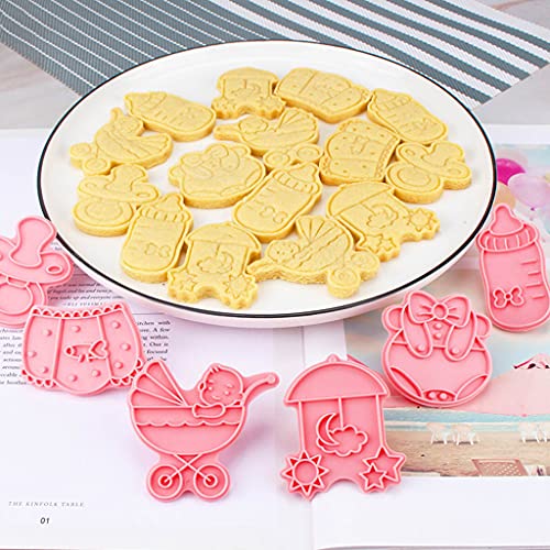 Cookie Cutter Plastic Baby Stroller Feeding Bottle Clothes Shape DIY Cookie Cutter Biscuit Mould Baking Decorating Tools Cookie Stamp Stamper Embosser For Baking Happy Birthday Baby Shower Designs Set