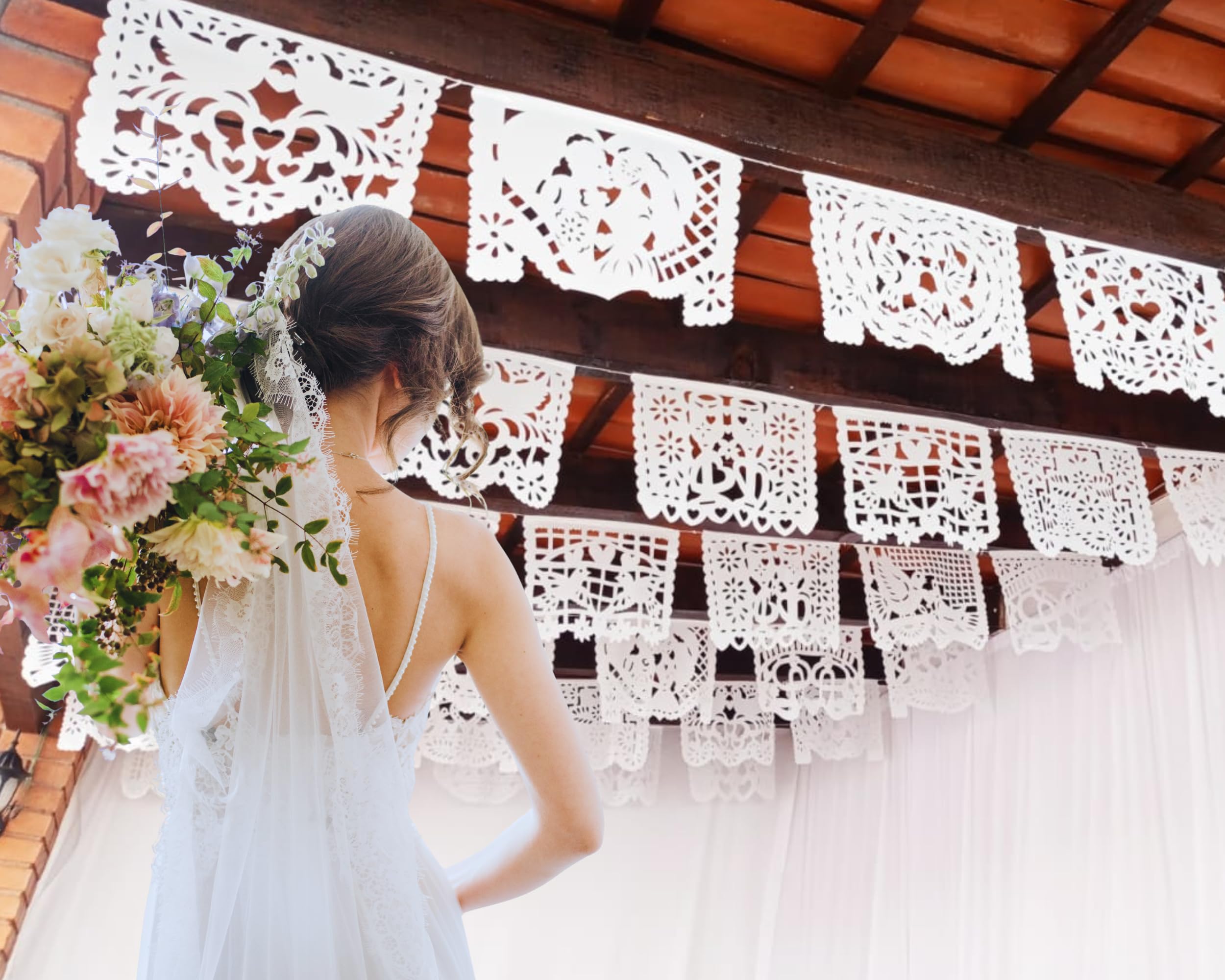 5 Pk Mexican Plastic Banners, 75 ft Long White Mexican Wedding Garlands, Perfect for Rehearsals, Bridal Shower, Photo Booth Backdrop, Engagement Party, Wedding Backdrop Banner B41
