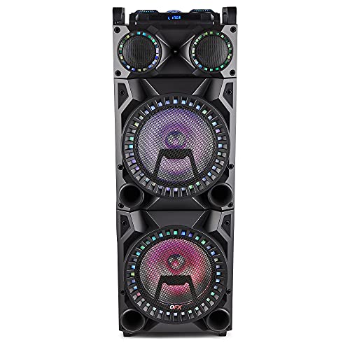 QFX PBX-1212 Bluetooth Rechargeable Dual 12â Woofer with 1â Tweeter Speaker System with Microphone Input, Guitar Input, Aux Input, USB Port, SD Card Port, TWS, Recording, FM Radio, LED Party Lights