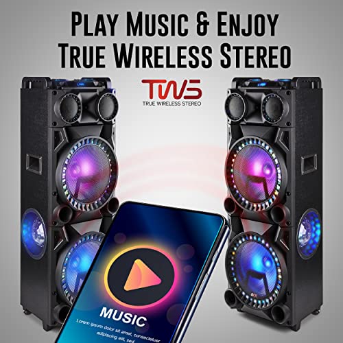 QFX PBX-1212 Bluetooth Rechargeable Dual 12β Woofer with 1β Tweeter Speaker System with Microphone Input, Guitar Input, Aux Input, USB Port, SD Card Port, TWS, Recording, FM Radio, LED Party Lights