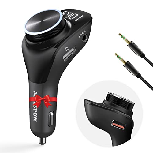 FM Transmitter Car Bluetooth 5.0,NECESPOW QC3.0 USB Charger w/AUX Cable, Hands-Free Car Radio Adapter Supports AUX & U Disk, Wireless Call for iOS and Android Devices