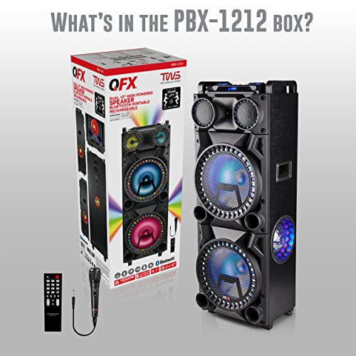 QFX PBX-1212 Bluetooth Rechargeable Dual 12β Woofer with 1β Tweeter Speaker System with Microphone Input, Guitar Input, Aux Input, USB Port, SD Card Port, TWS, Recording, FM Radio, LED Party Lights