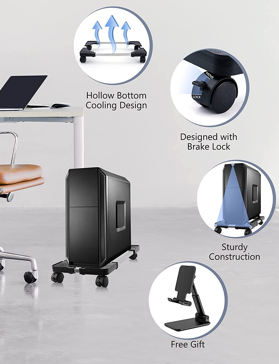 Seloom Computer Tower Stand, Desktop Stand, Adjustable Mobile CPU Stand with Rolling Caster wheels, PC Tower Stand Holder for Floor Carpet Gaming PC Case, Fits Home Office Under Desk, Black