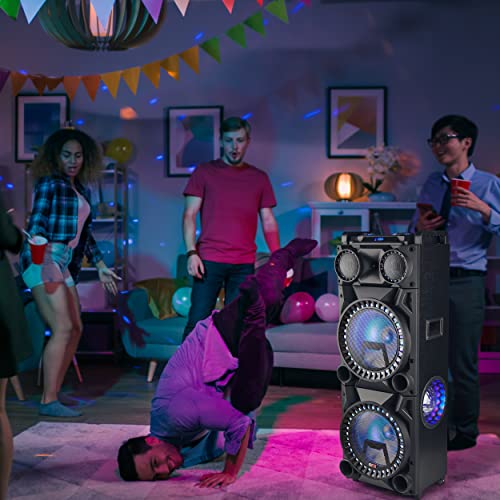 QFX PBX-1212 Bluetooth Rechargeable Dual 12β Woofer with 1β Tweeter Speaker System with Microphone Input, Guitar Input, Aux Input, USB Port, SD Card Port, TWS, Recording, FM Radio, LED Party Lights