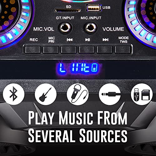 QFX PBX-1212 Bluetooth Rechargeable Dual 12β Woofer with 1β Tweeter Speaker System with Microphone Input, Guitar Input, Aux Input, USB Port, SD Card Port, TWS, Recording, FM Radio, LED Party Lights