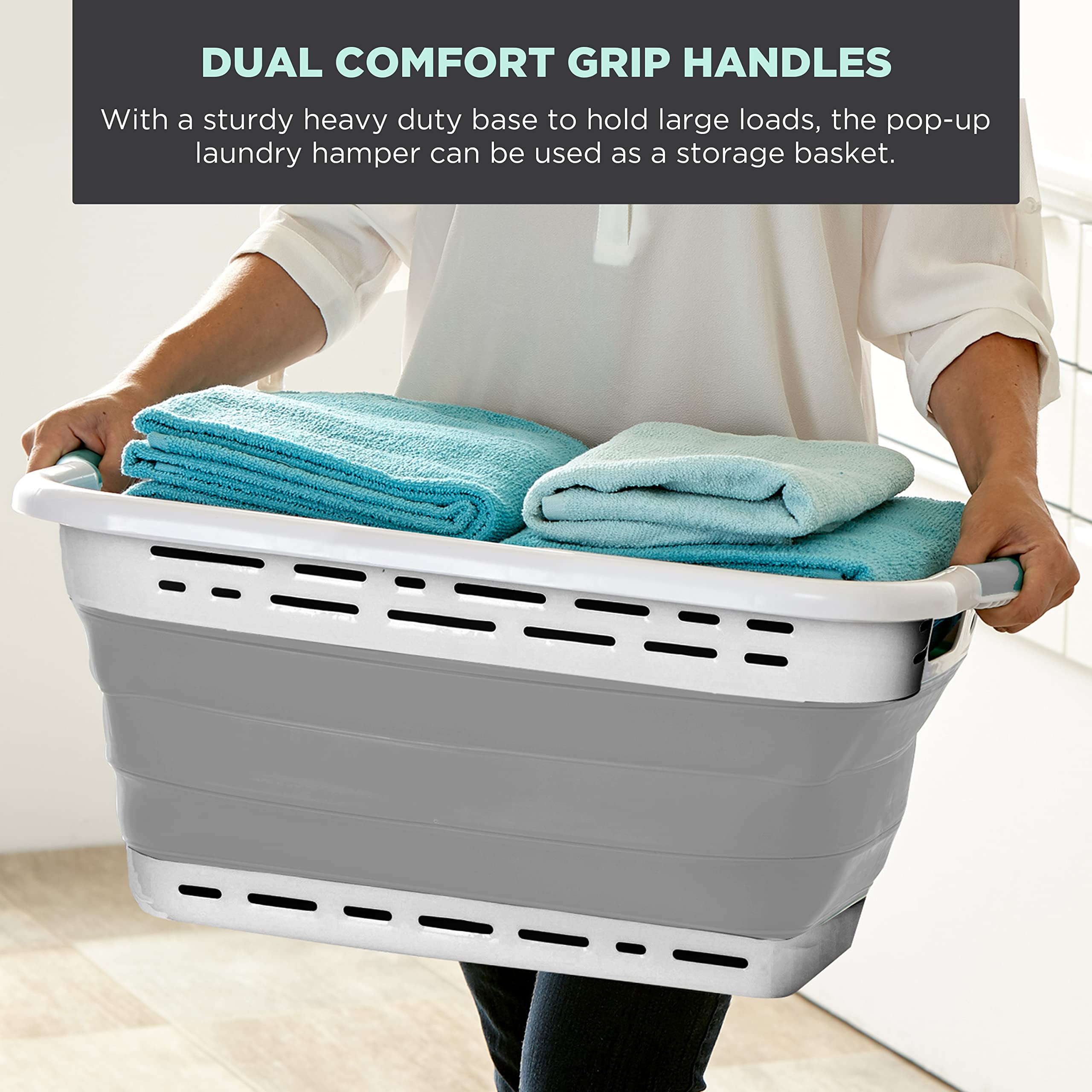 BLACK+DECKER 1 Large 25" Slim Collapsible Laundry Basket - Portable & Space-Saving Basket with Dual Comfort Grip Handles - Ideal for Laundry, Towels, Blankets & More in Small Spaces & Travel, Grey