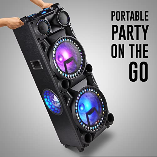 QFX PBX-1212 Bluetooth Rechargeable Dual 12β Woofer with 1β Tweeter Speaker System with Microphone Input, Guitar Input, Aux Input, USB Port, SD Card Port, TWS, Recording, FM Radio, LED Party Lights