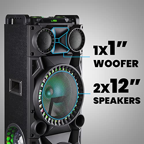 QFX PBX-1212 Bluetooth Rechargeable Dual 12β Woofer with 1β Tweeter Speaker System with Microphone Input, Guitar Input, Aux Input, USB Port, SD Card Port, TWS, Recording, FM Radio, LED Party Lights