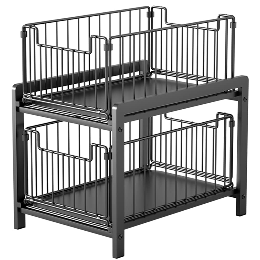 Pull-out Organizer 2 Tier Metal Under Sink Cabinet Organizer Sliding Drawer Home Storage Rack (Black)