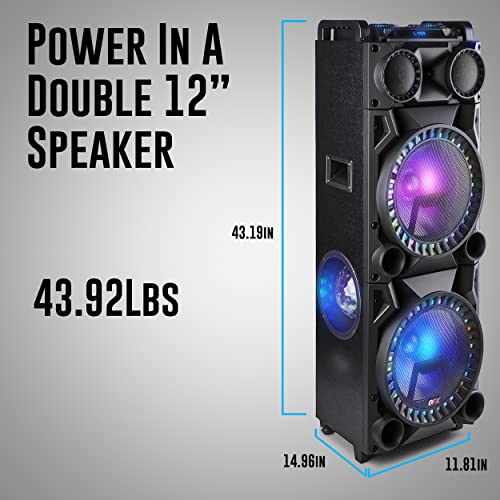 QFX PBX-1212 Bluetooth Rechargeable Dual 12β Woofer with 1β Tweeter Speaker System with Microphone Input, Guitar Input, Aux Input, USB Port, SD Card Port, TWS, Recording, FM Radio, LED Party Lights