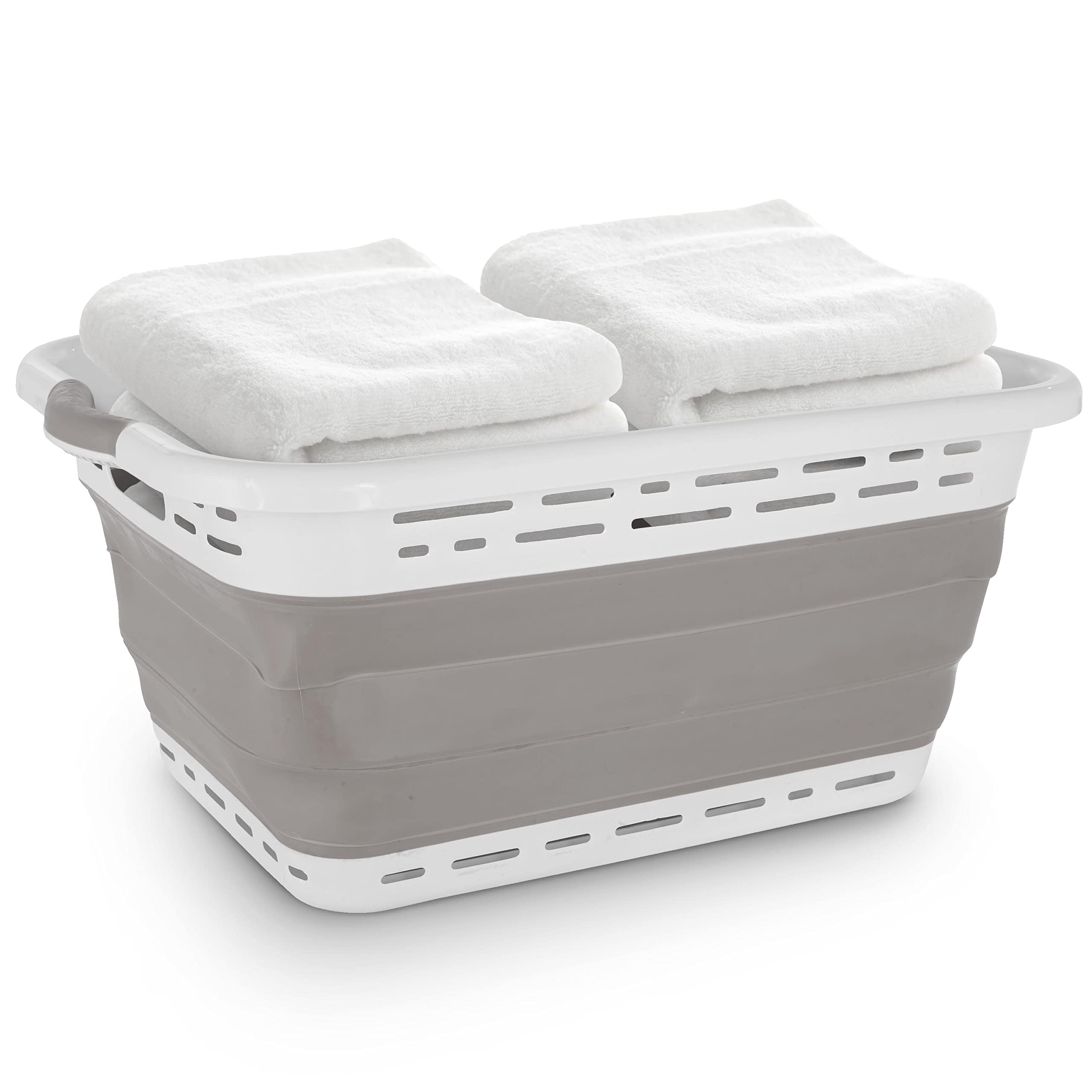 BLACK+DECKER 1 Large 25" Slim Collapsible Laundry Basket - Portable & Space-Saving Basket with Dual Comfort Grip Handles - Ideal for Laundry, Towels, Blankets & More in Small Spaces & Travel, Grey