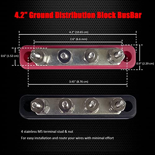4 Terminals Bus Bar, Ampper 4.2" Power/Ground Distribution Block Brass Battery BusBar Junction for Car Vehicle Rv Truck Marine Boat Audio Amplifier and More (Red & Black)
