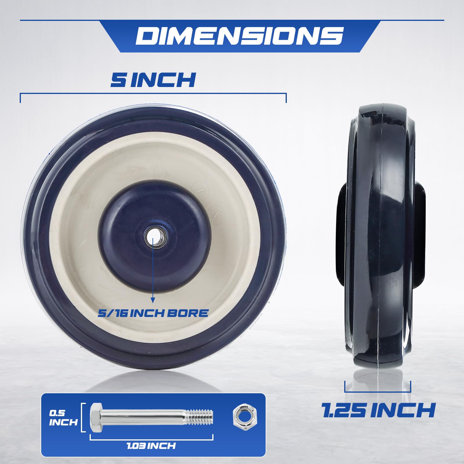 NATGAI 4 Pack Shopping Cart Replacement Wheels Kit, 5" Diameter 1.2" width 5/16“ Bore Noiseless Shopping Cart Wheels with Axles Bolts 4 sets, Total 1000 Lbs (Blue)
