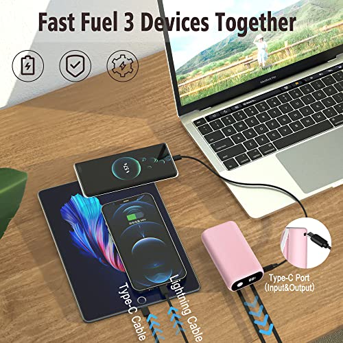 BOANV 12000mAh【2023 Upgraded】 Mini Lightweight Portable Battery Charger with 2 Built-in Cables (Type C, iOS), Fast Phone Charging Battery Pack Power Bank Portable Charger (Pink)