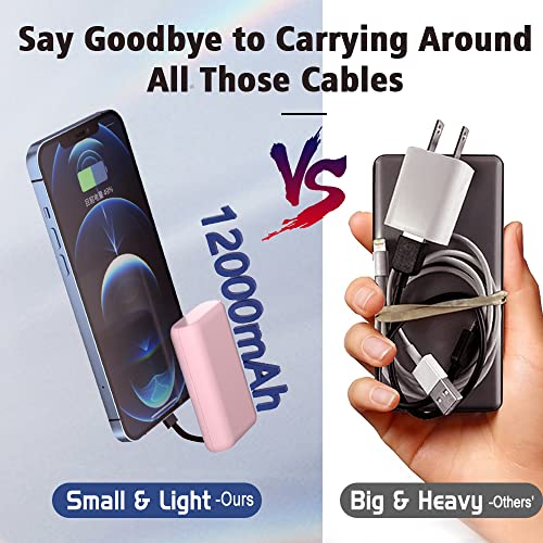 BOANV 12000mAh【2023 Upgraded】 Mini Lightweight Portable Battery Charger with 2 Built-in Cables (Type C, iOS), Fast Phone Charging Battery Pack Power Bank Portable Charger (Pink)