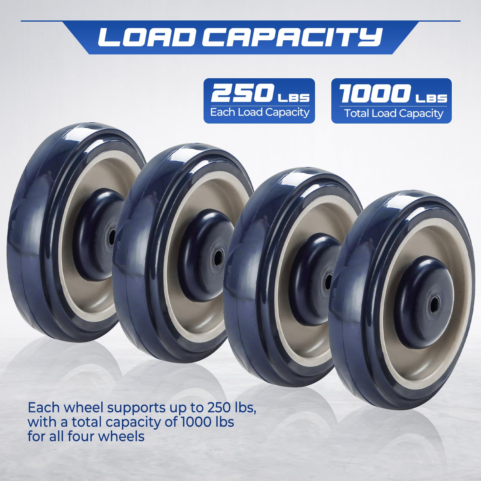NATGAI 4 Pack Shopping Cart Replacement Wheels Kit, 5" Diameter 1.2" width 5/16“ Bore Noiseless Shopping Cart Wheels with Axles Bolts 4 sets, Total 1000 Lbs (Blue)