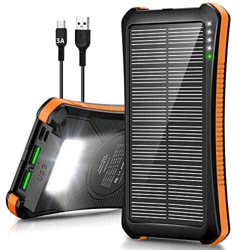 Portable Charger 20000mAh Power Bank Fast Charging PD 18W Solar Charger with 3A USB-C Cable Slim Light Power Pack with LED Flashlights Solar Power Bank for iPhone.