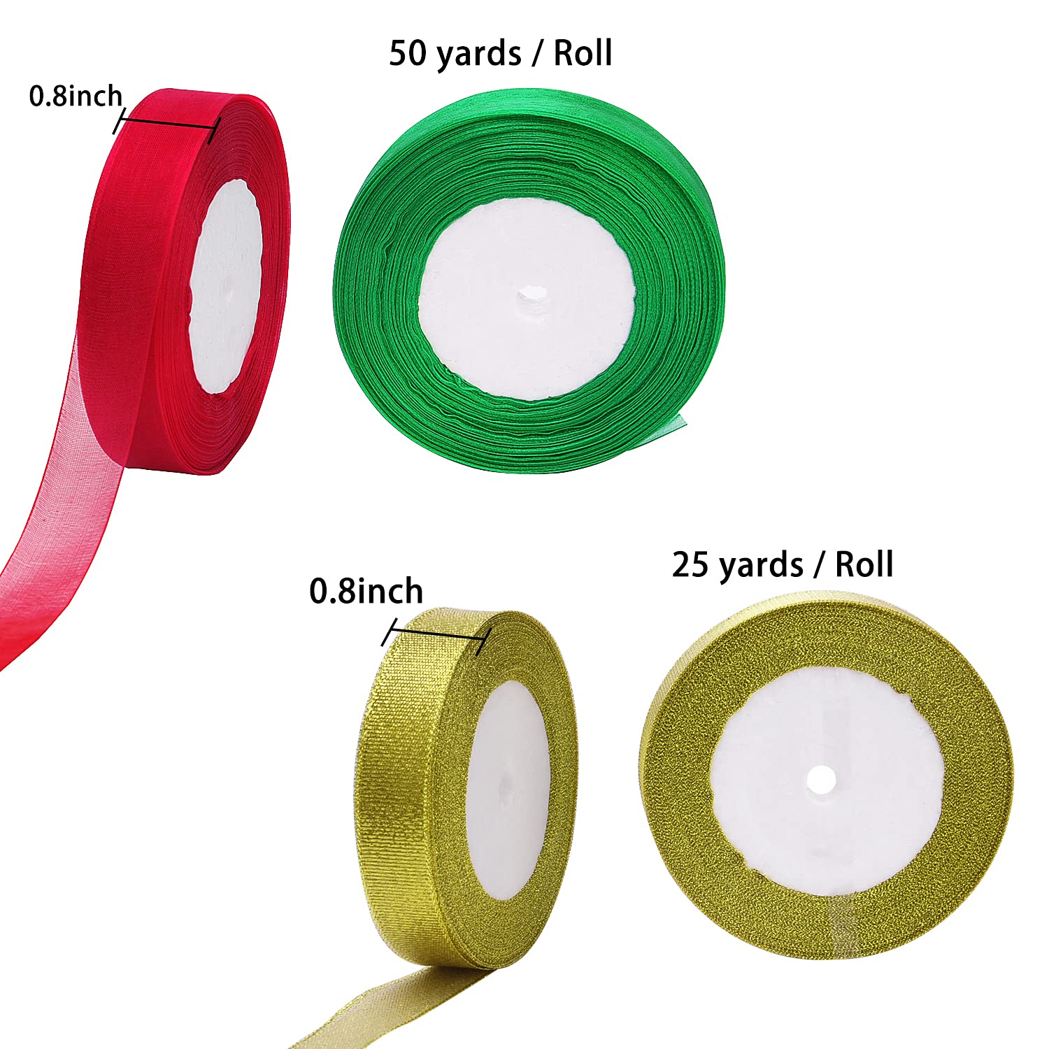 Livder 4 Rolls 4/5 Inch in Width Christmas Metallic Glitter Organza Ribbons Golden, Silvery, Red, Green Ribbon for Gift Wrapping, Christmas Tree Room Decoration