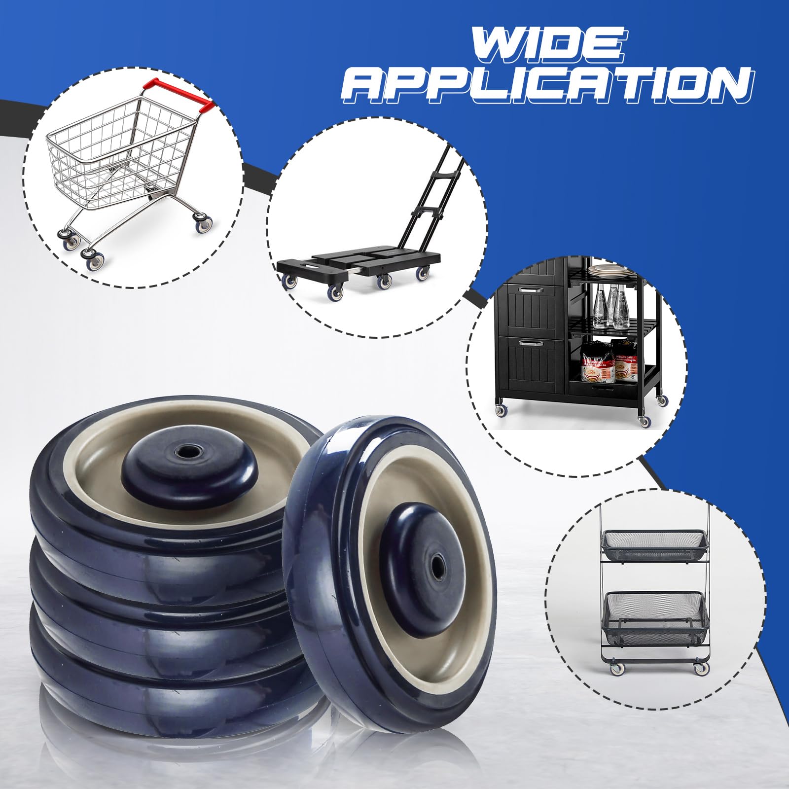NATGAI 4 Pack Shopping Cart Replacement Wheels Kit, 5" Diameter 1.2" width 5/16“ Bore Noiseless Shopping Cart Wheels with Axles Bolts 4 sets, Total 1000 Lbs (Blue)